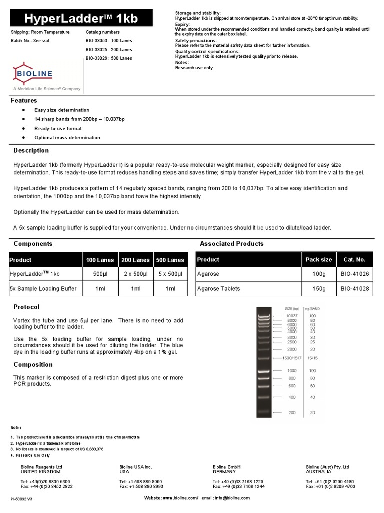 Hyperladder 1kb Product Manual | PDF | Gel Electrophoresis | Chemistry