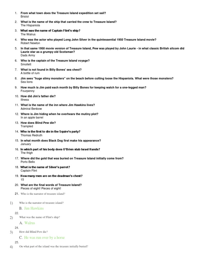 Treasure Island Quiz Questions & Answers | PDF | Treasure Island | Piracy