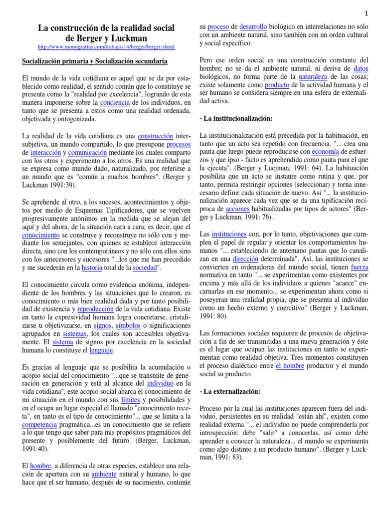 La Construcción de La Realidad Social PDF | PDF | Socialización | Realidad