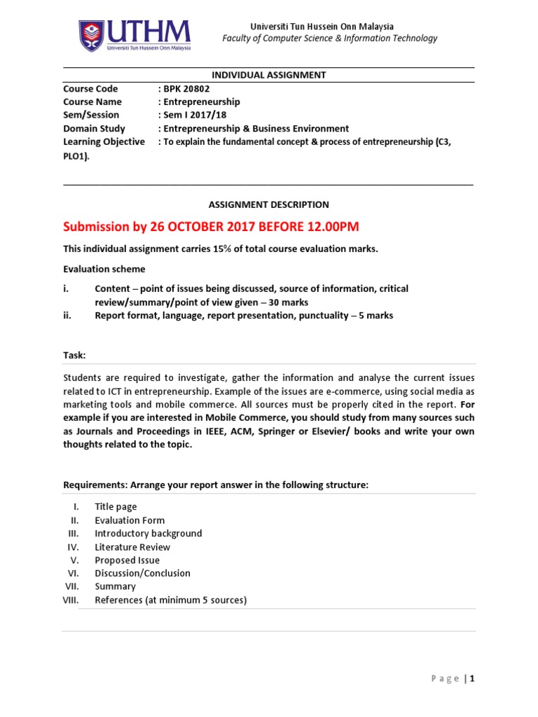 UTHM Entrepreneurship Individual Assignment ICT Issues | PDF ...