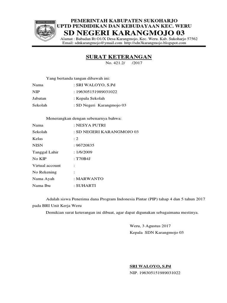 Contoh Surat Keterangan Pengambilan Pip | PDF