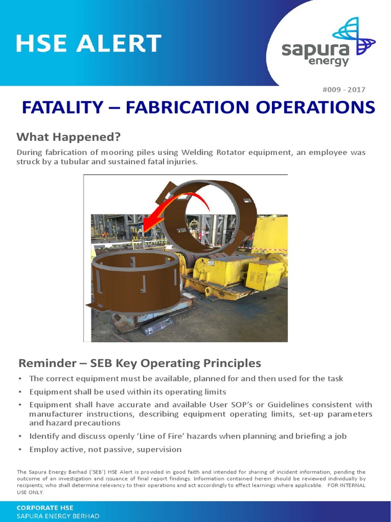 HSE Alert #009 - Fatality - Sapura Fabrications | PDF