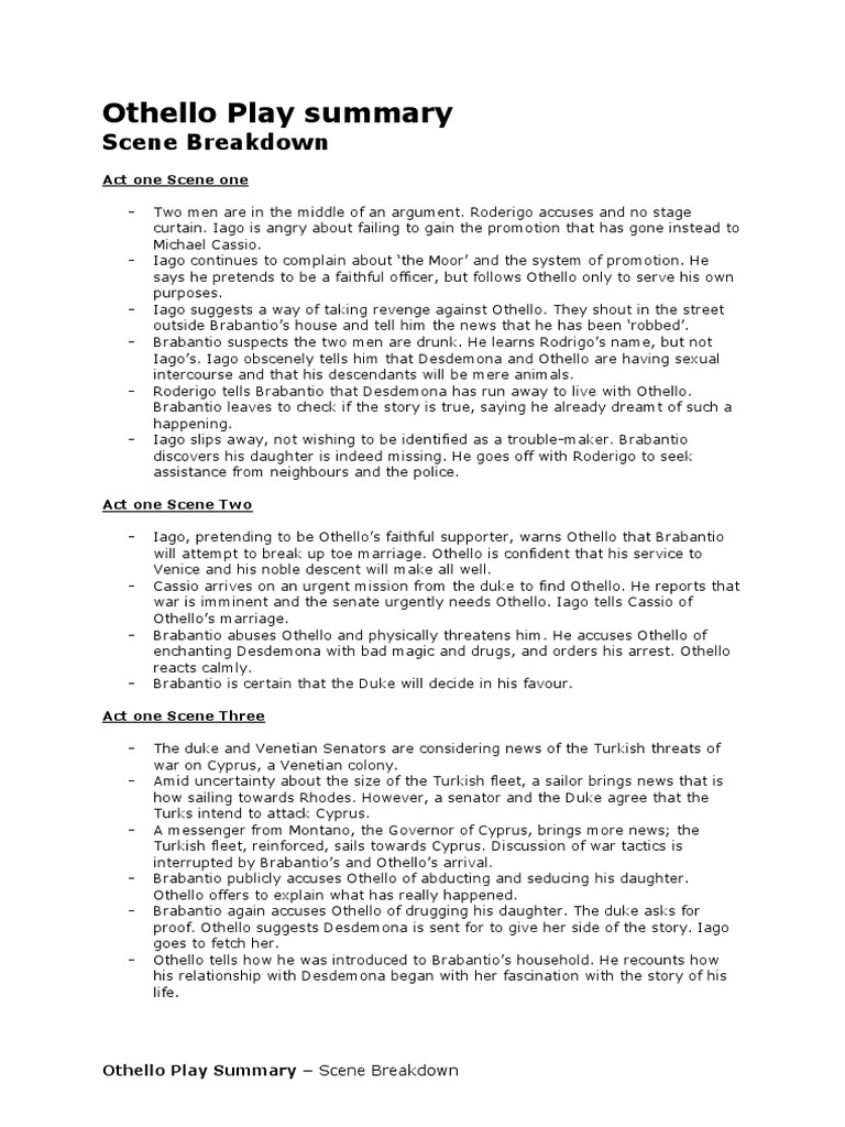 Othello Play Summary and Scene Breakdown | PDF | Othello | Iago