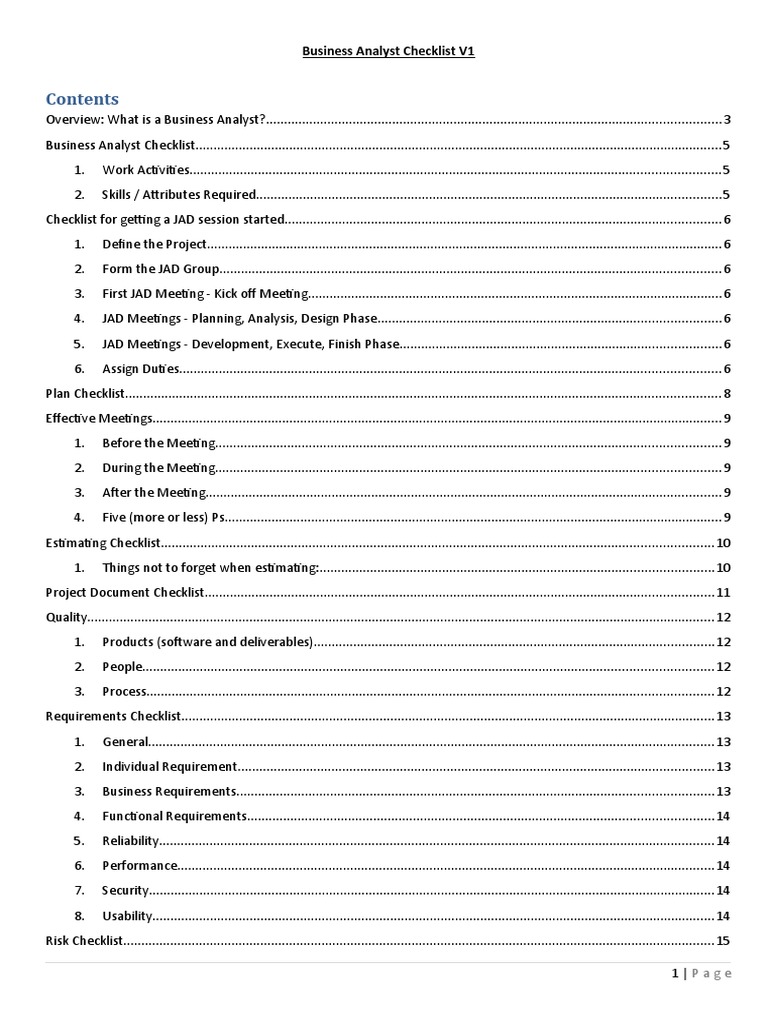 Business Analyst Checklist V1 | PDF | Business Analysis | Project ...