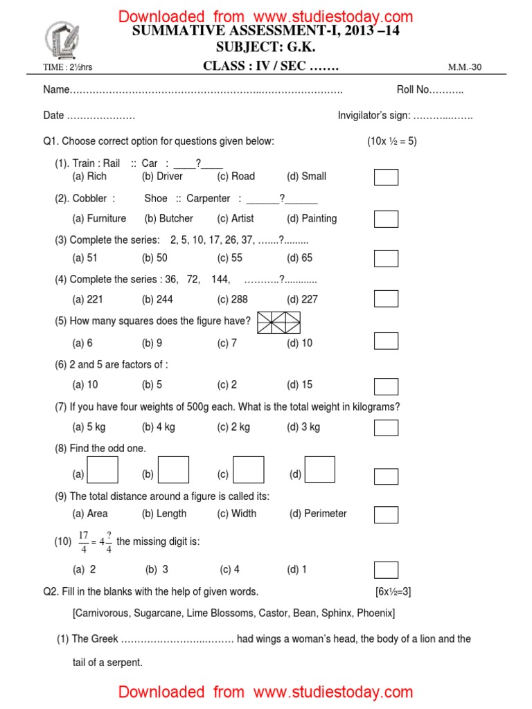 CBSE Class 4 General Knowledge Sample Paper SA1 2014 | PDF | Nature
