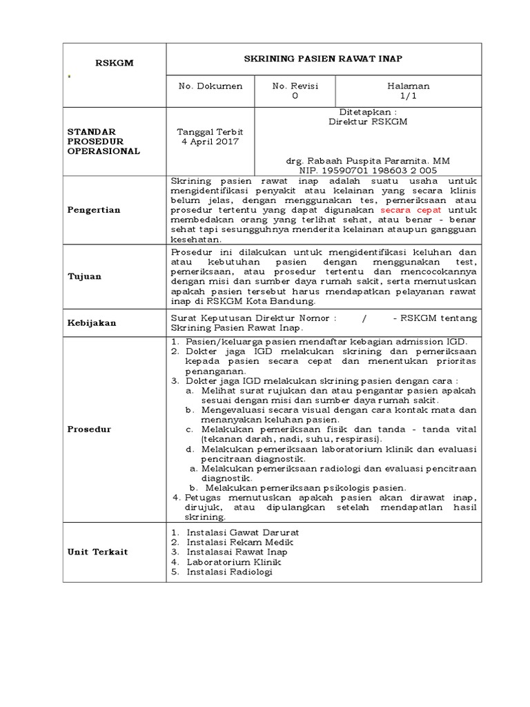 SPO Skrining Pasien Rawat Inap - RSKGM | PDF