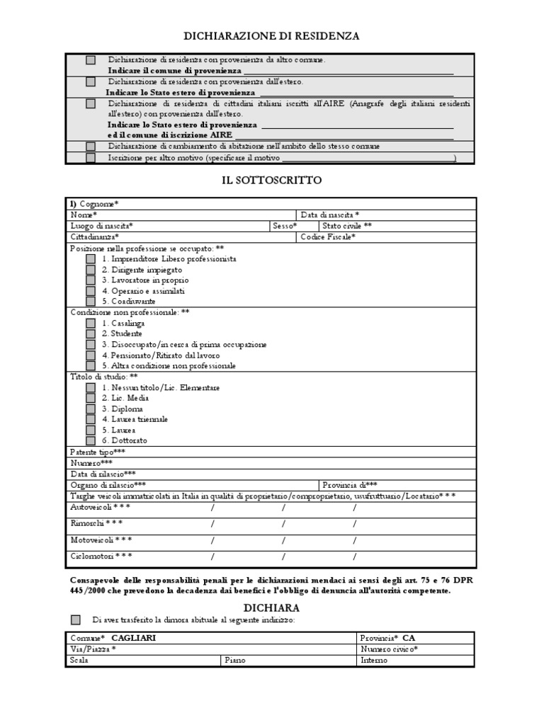 ModelloUnicoMinisteriale Dichiarazione Residenza Ott2016