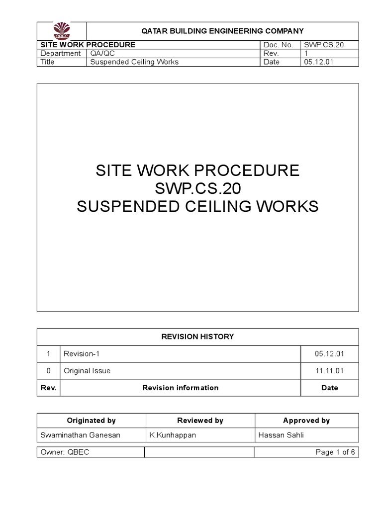 Suspended Ceiling-Method Statement | PDF | Drywall | Screw