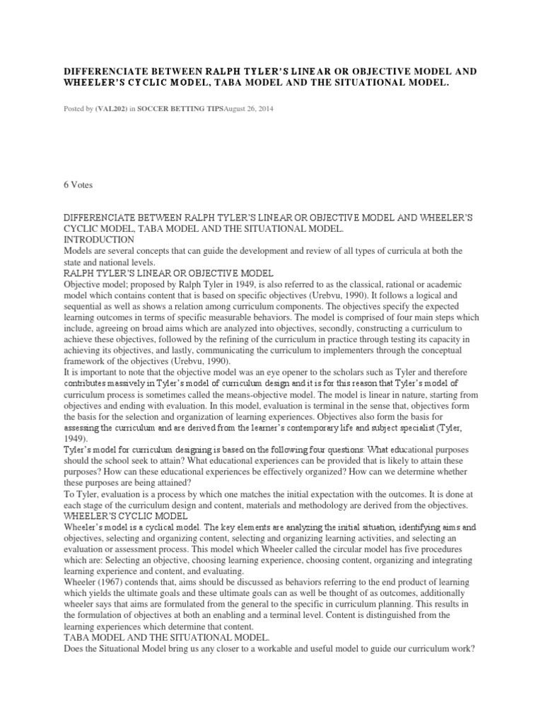 Comparing Curriculum Models: Ralph Tyler's Objective Model, Wheeler's ...