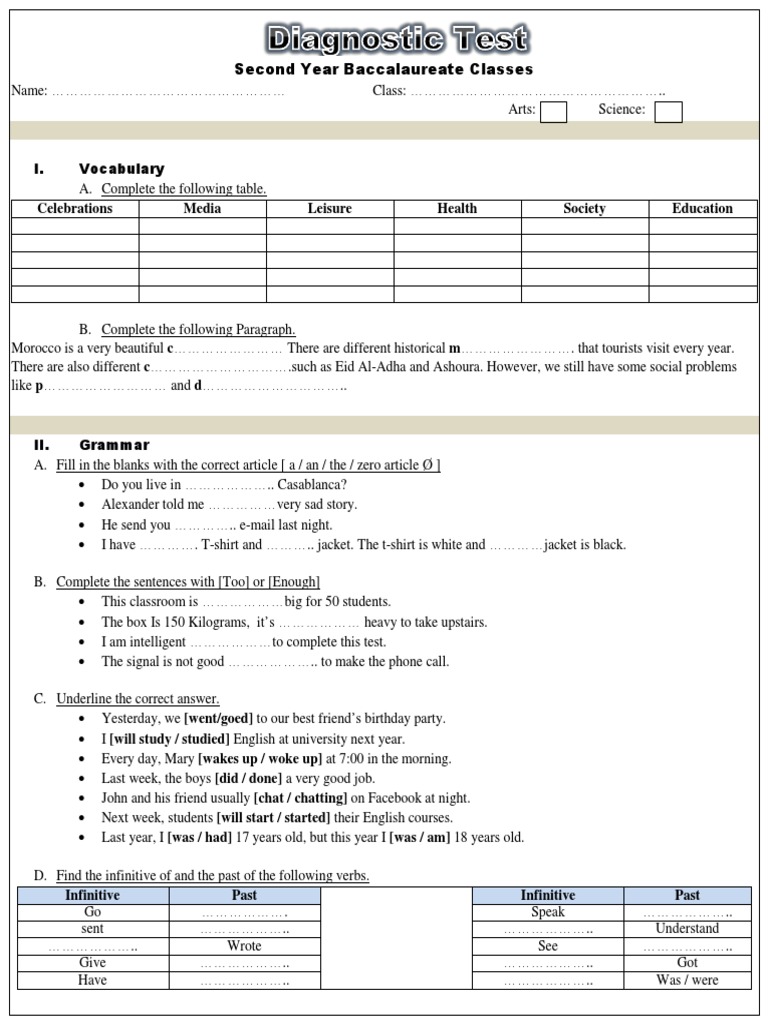 Diagnostic Test for 2nd Year Bac English | PDF | Style (Fiction ...