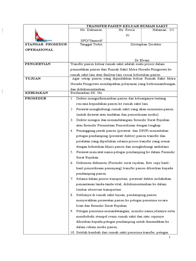 SPO Transfer Pasien Keluar Rumah Sakit | PDF