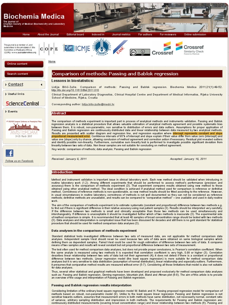 Comparison of Methods: Passing and Bablok Regression - Biochemia Medica ...