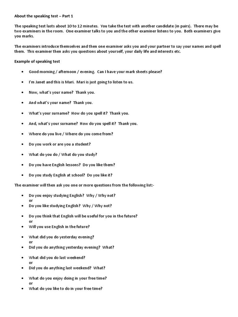 About The Speaking Test - Part 1 | PDF | English Language | Languages