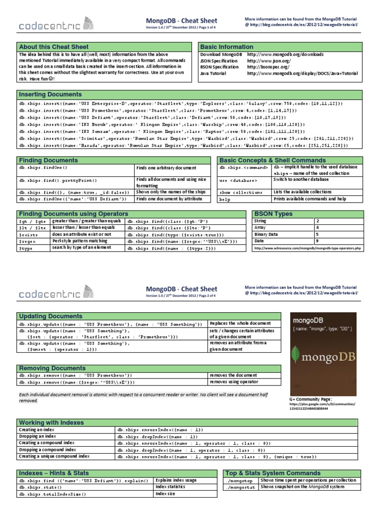 Mongodb Cheatsheet V1 0 Mongo Db Data Management Free 30 Day Trial Scribd