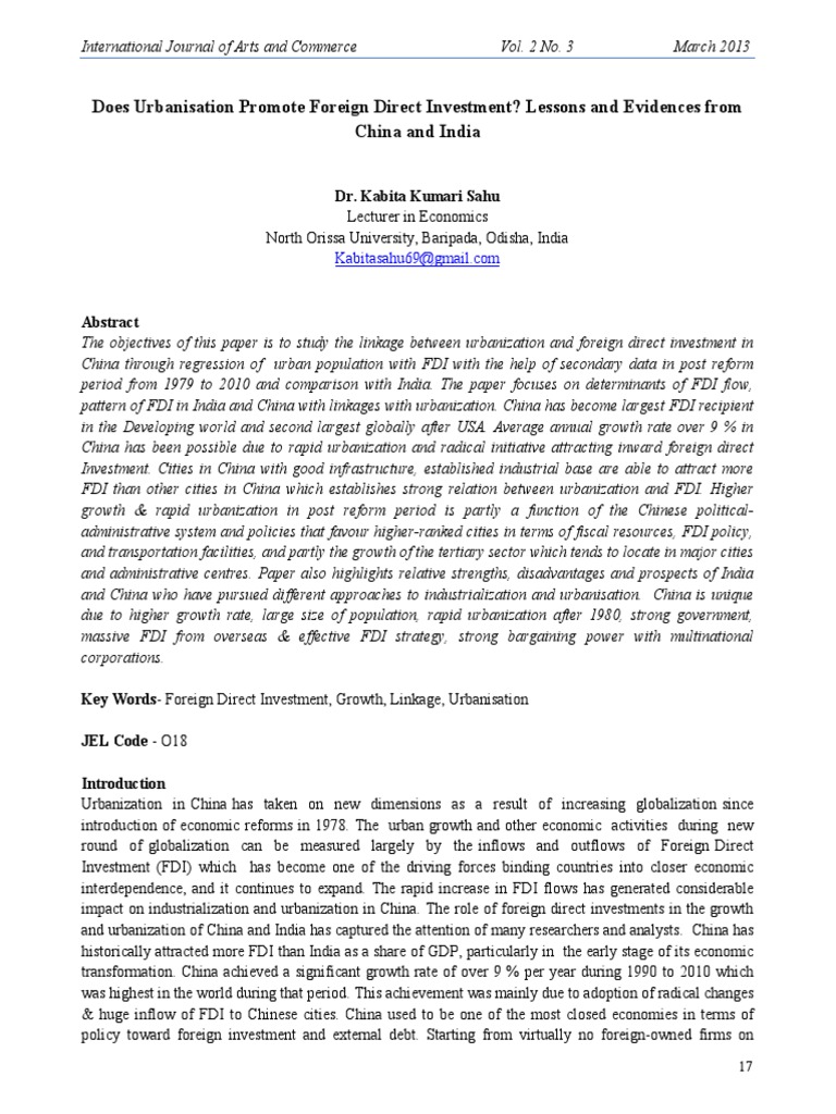Urbanization and FDI in China and India | PDF | Foreign Direct ...