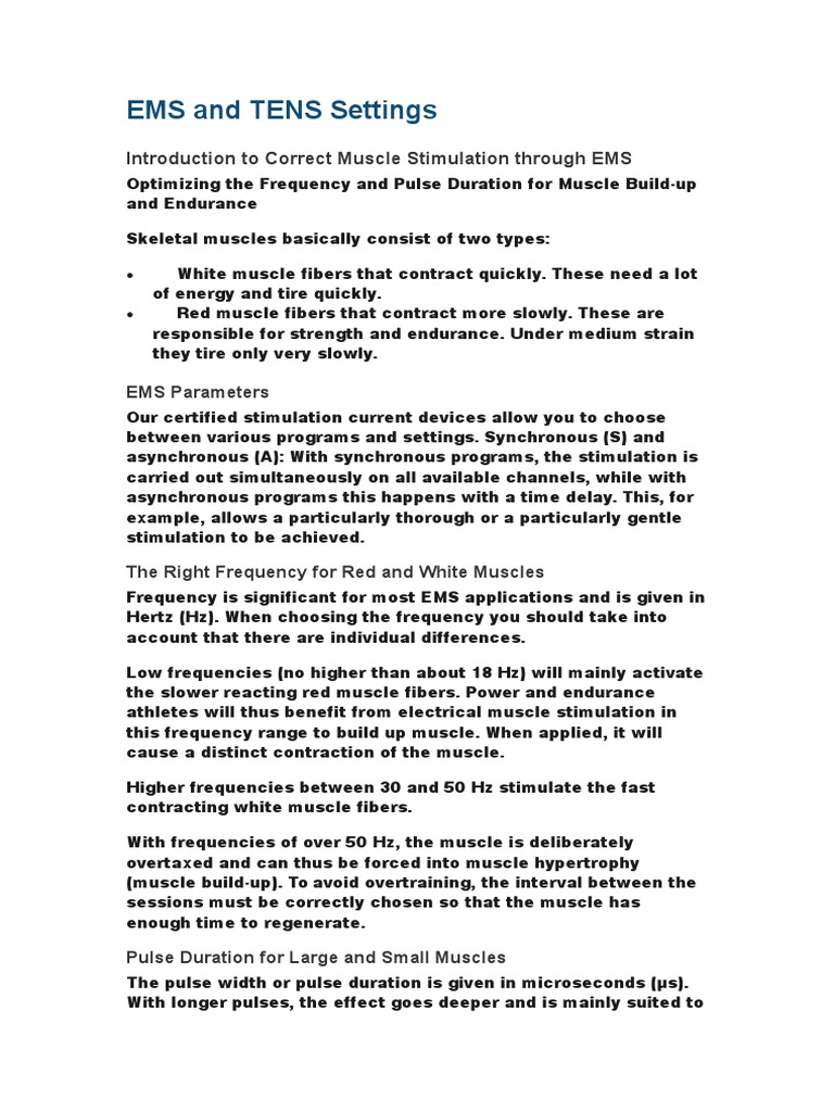 EMS and TENS Settings | PDF | Muscle | Frequency