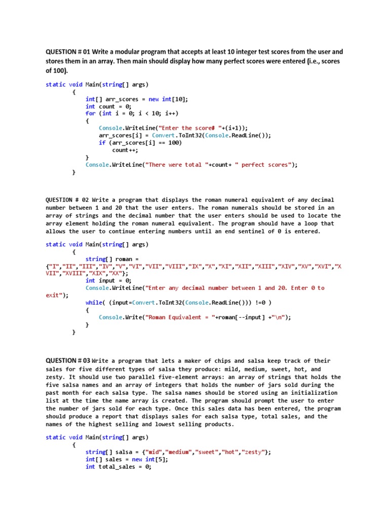 C# Array Programs - 10 Scores, Roman Numerals, Salsa Sales, Lottery ...