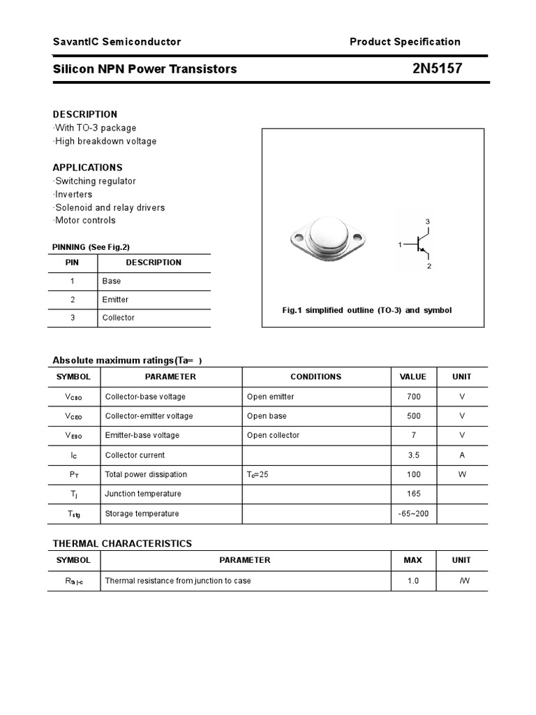 High Power Silicon NPN Transistor for Switching and Motor Control ...