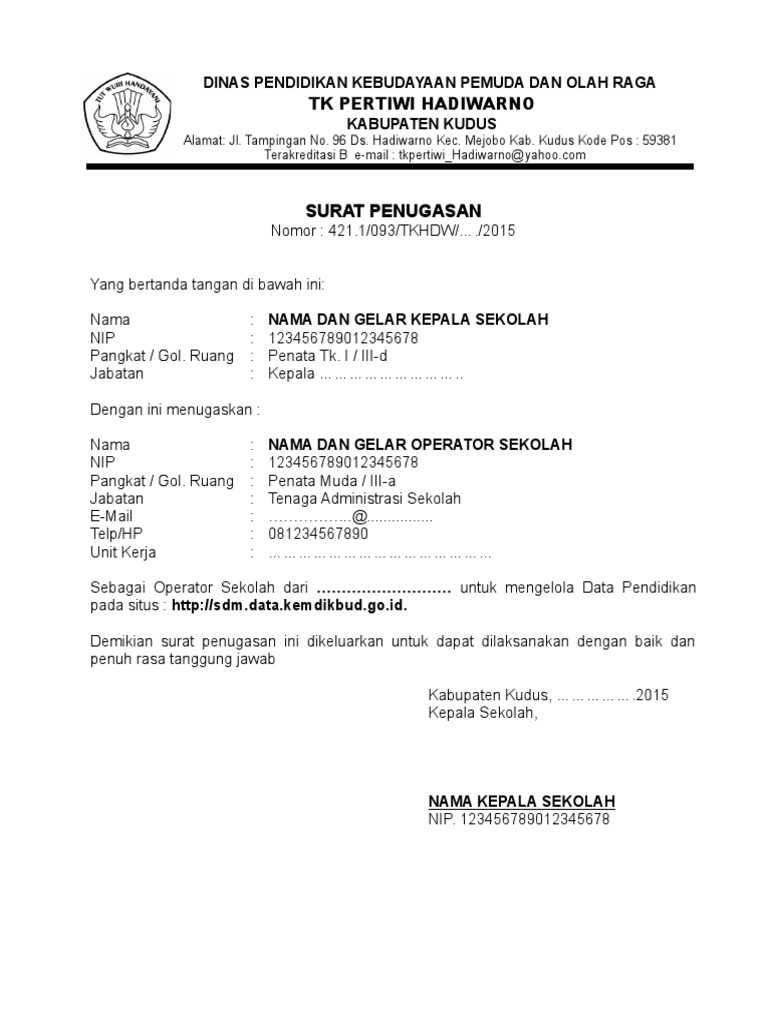 Contoh Surat Penugasan Operator Sekolah PAUD Di SDM 2015