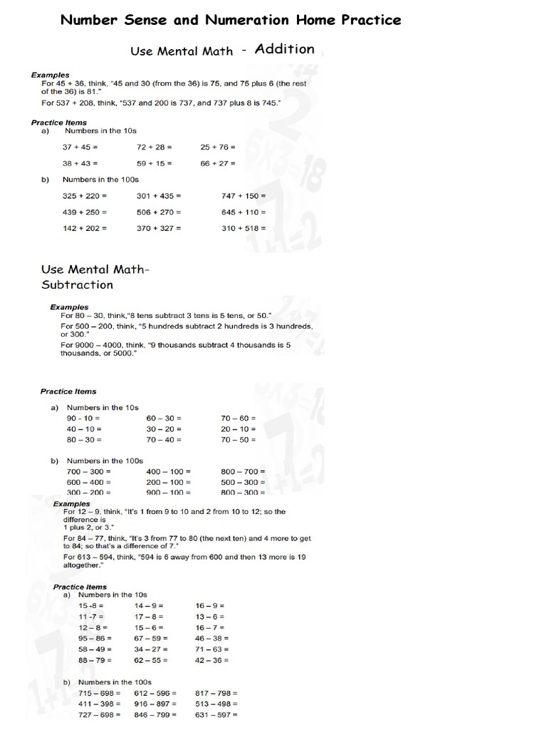 Number Sense and Numeration Home Practice: - Addition | PDF