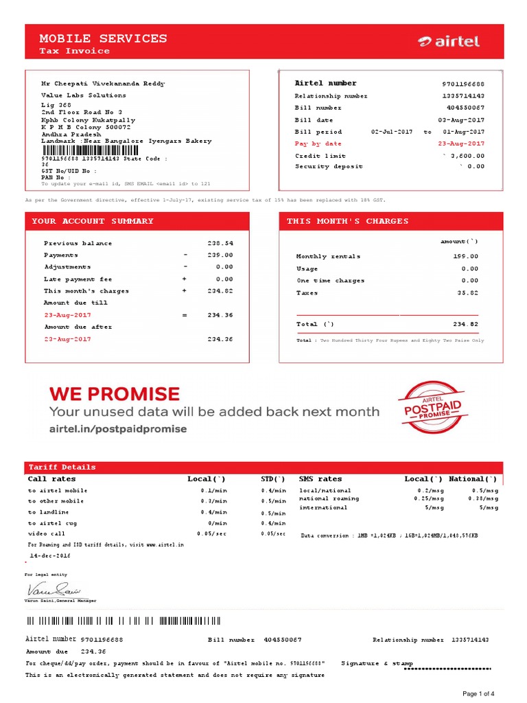 Postpaid Bill 9701196688 404550067 | PDF | Invoice | Telecommunications