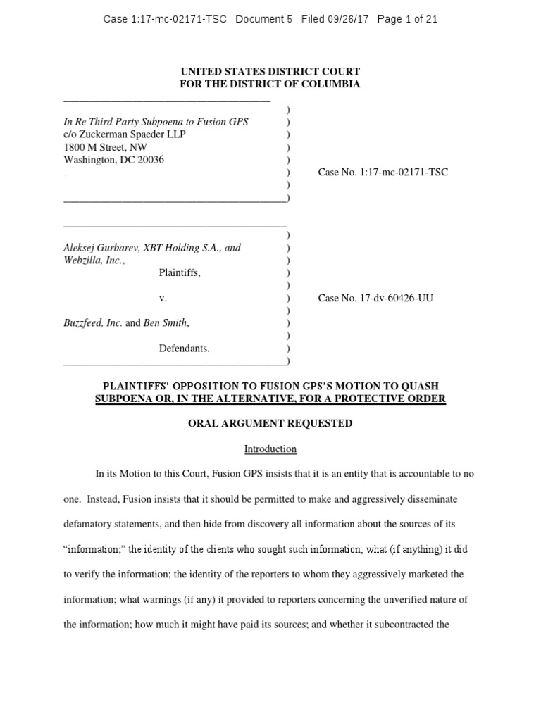Plaintiffs Oppose Fusion GPS Subpoena Quash | PDF | Discovery (Law ...