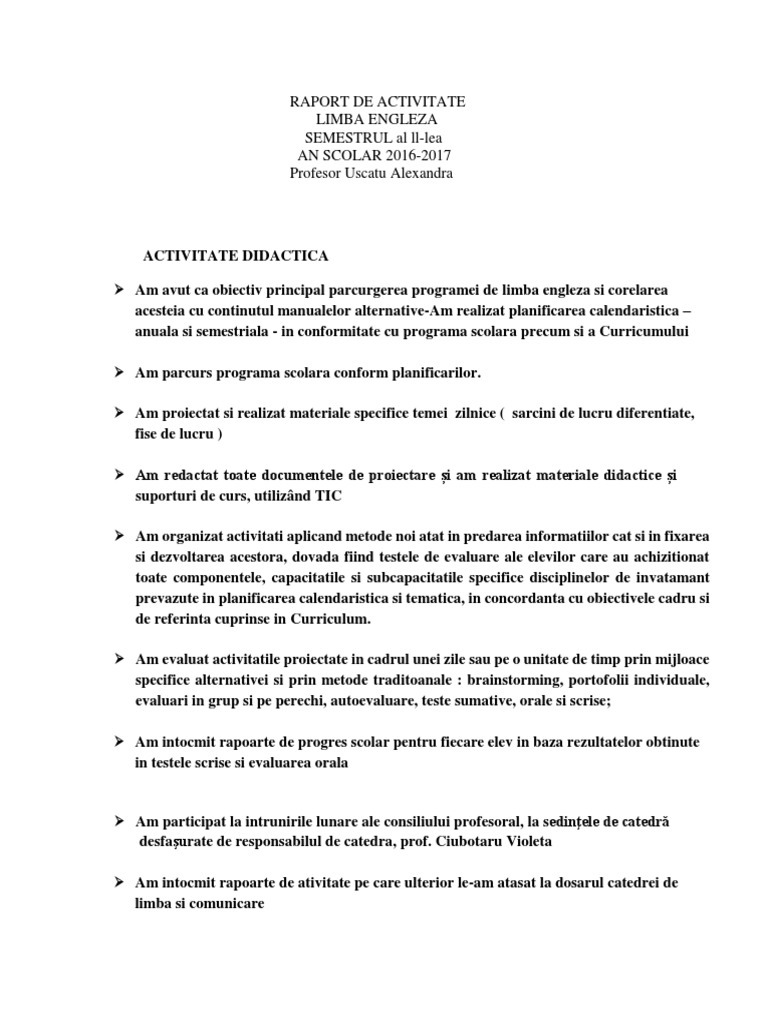 Raport de Activitate Sem 2 | PDF