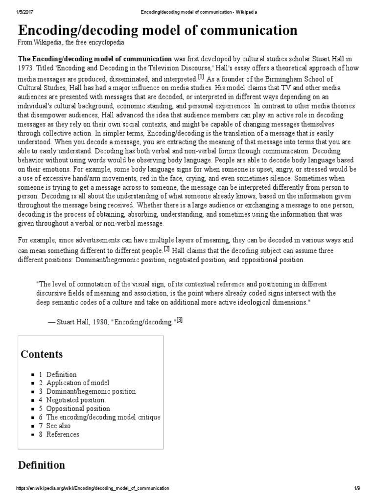 Encoding - Decoding Model of Communication - Wikipedia | PDF | Semiotics | Communication