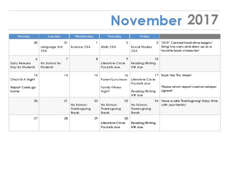 November La Homework Calendar | PDF