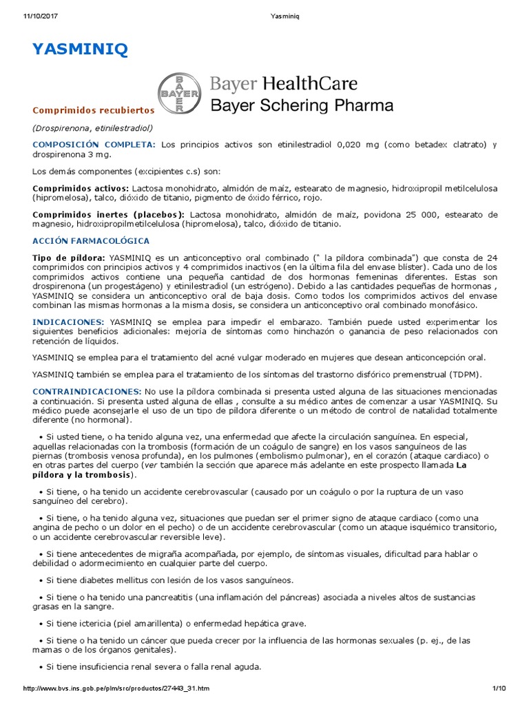 Información sobre pastillas Yasminiq | PDF | Píldora anticonceptiva ...