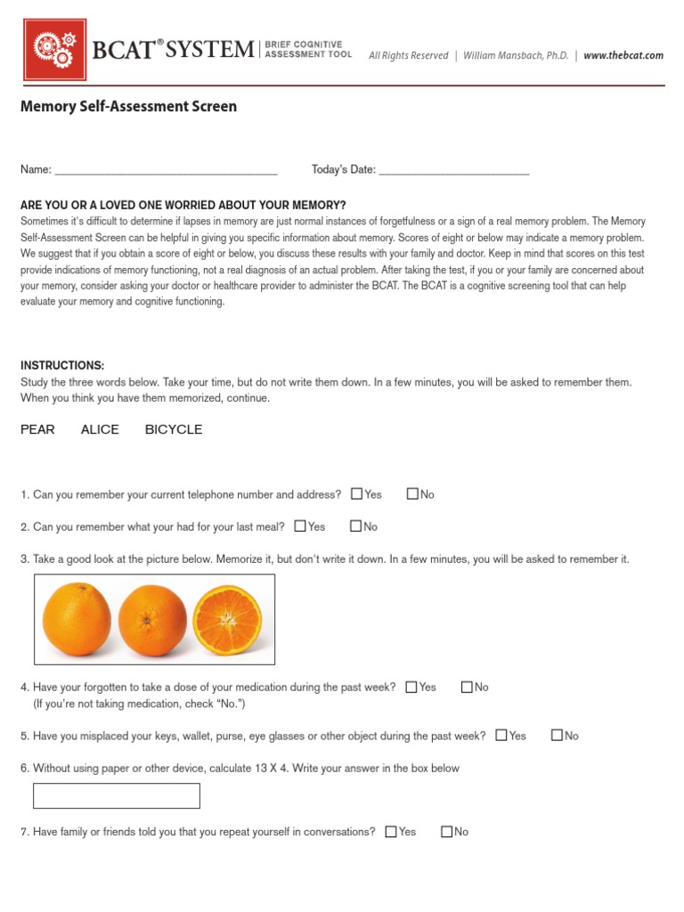 Bcat Memory Assessment | PDF | Recall (Memory) | Memory