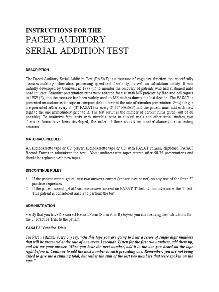 PASAT Manual PDF | PDF | Compact Cassette | Reference Range