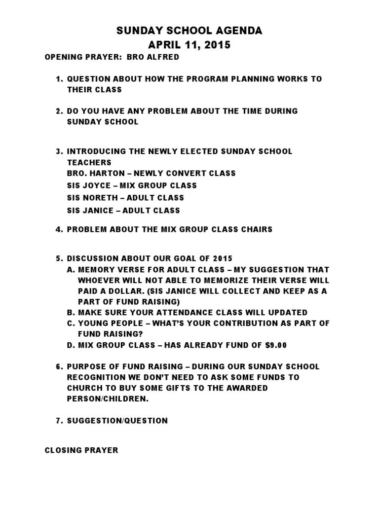 Sunday School Agenda | PDF