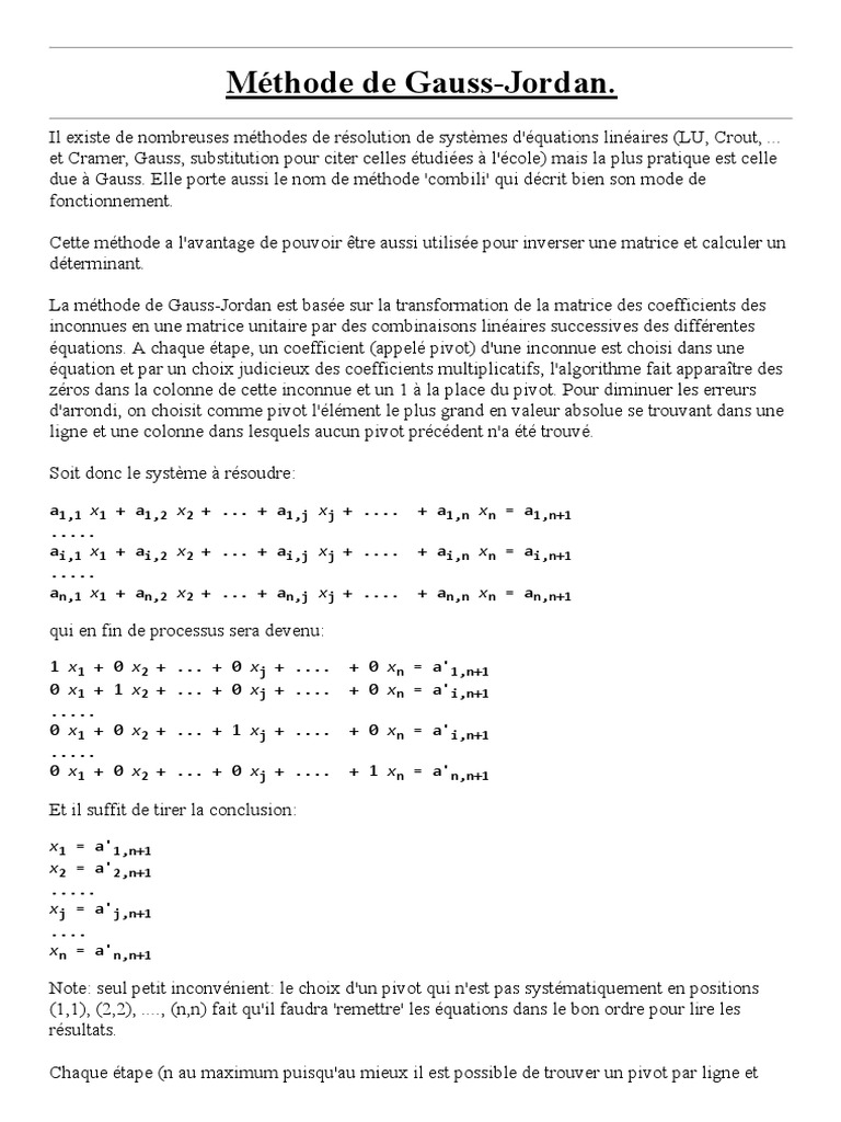 Méthode de Gauss-Jordan expliquée | PDF | Algèbre linéaire | Domaines ...