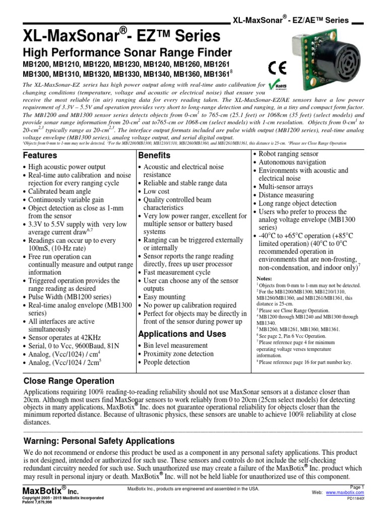XL MaxSonar EZ - Datasheet PDF | PDF | Sensor | Sonar