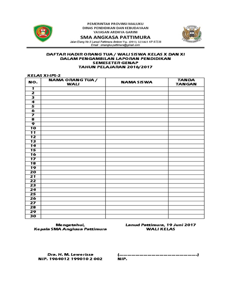 Absen Penerimaan Raport Semester Genap 2016-2017 | PDF