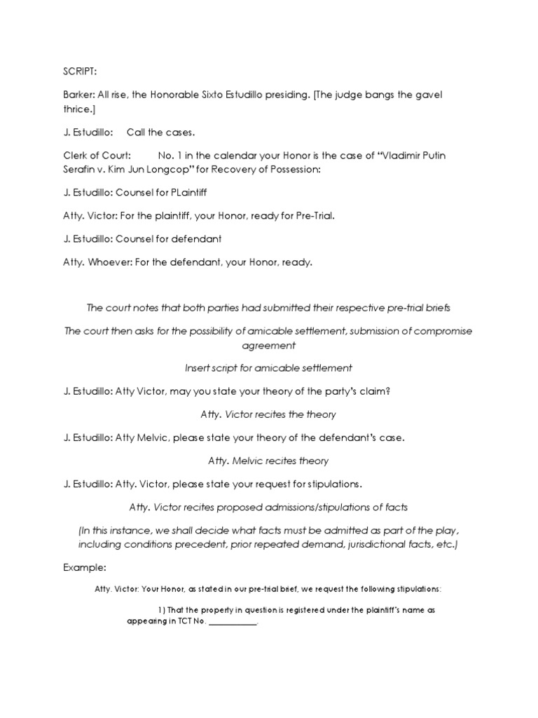 Pre-Trial Script | PDF | Brief (Law) | Legal Disputes