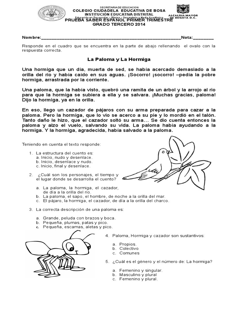 Fábula La Paloma y La Hormiga: Evaluación | PDF | Ficción general