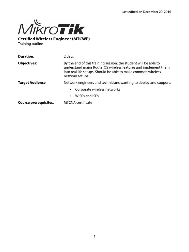 MTCWE Wireless Engineer Training Outline | PDF | Wireless | Router ...