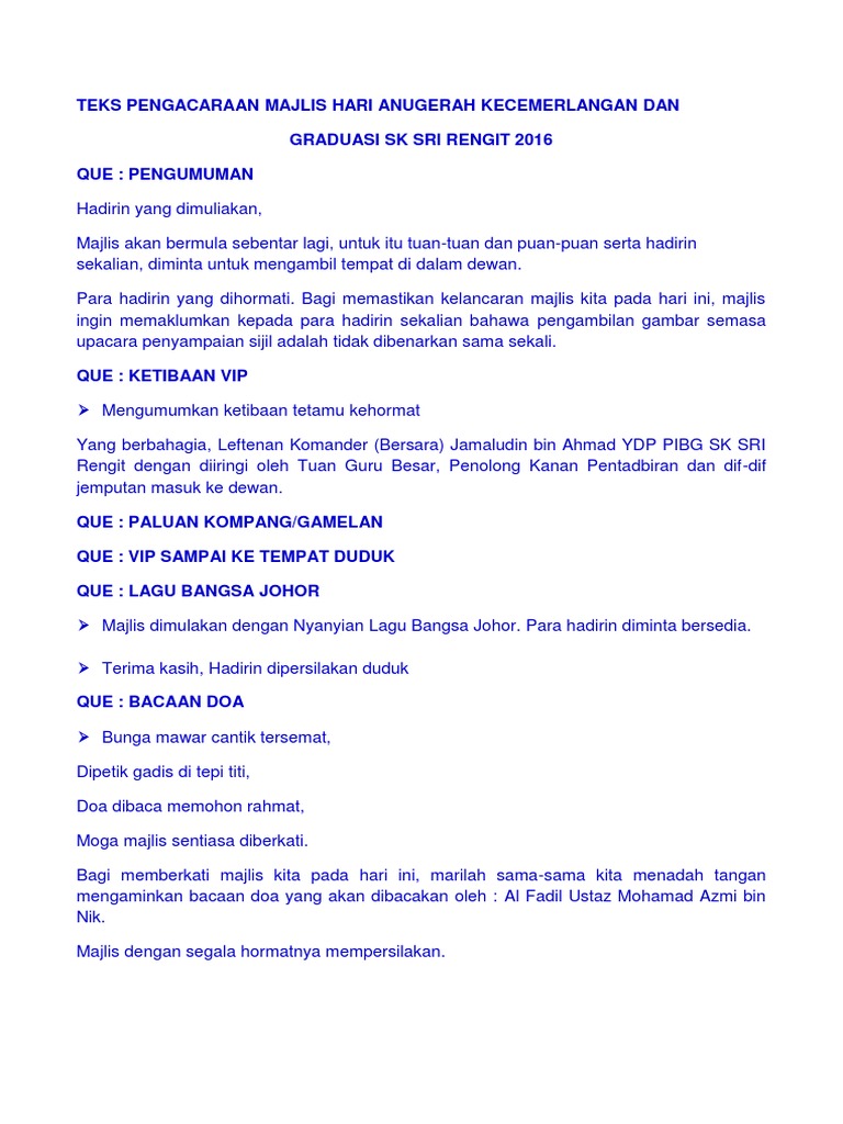 Teks Pengacaraan Majlis Hari Anugerah Kecemerlangan Dan Graduasi SK Sri ...