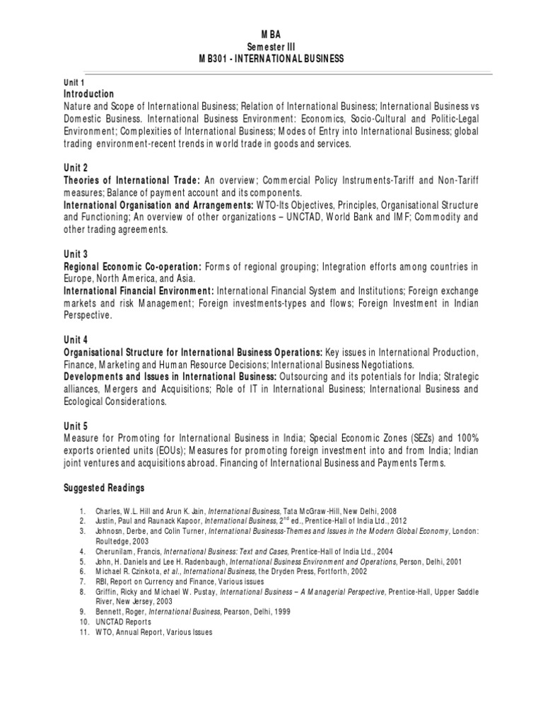 MBA Curriculum Syllabus | International Business | Quality Management