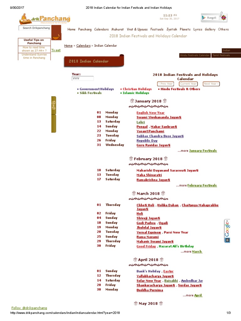 2018 Indian Calendar For Indian Festivals and Indian Holidays | PDF ...