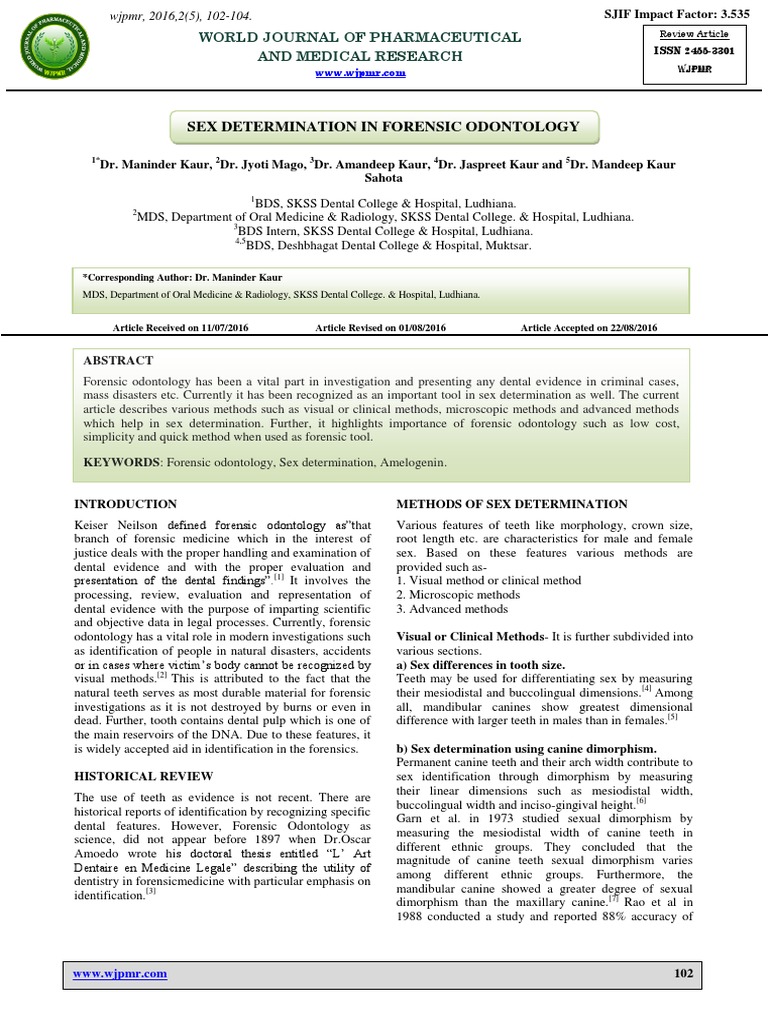 Sex Determination In Forensic Odontology Pdf Polymerase Chain