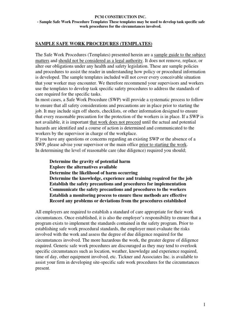 Safe Work Procedure Templates Guide | PDF