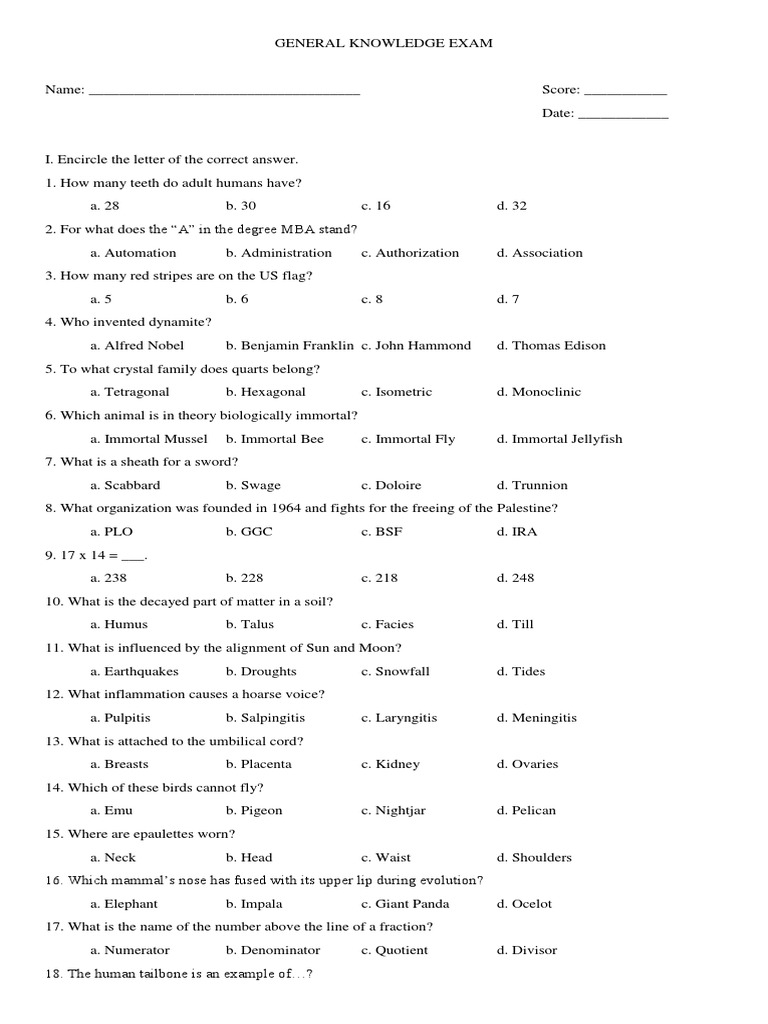 General Knowledge Exam | PDF | Tension (Physics) | Fructose