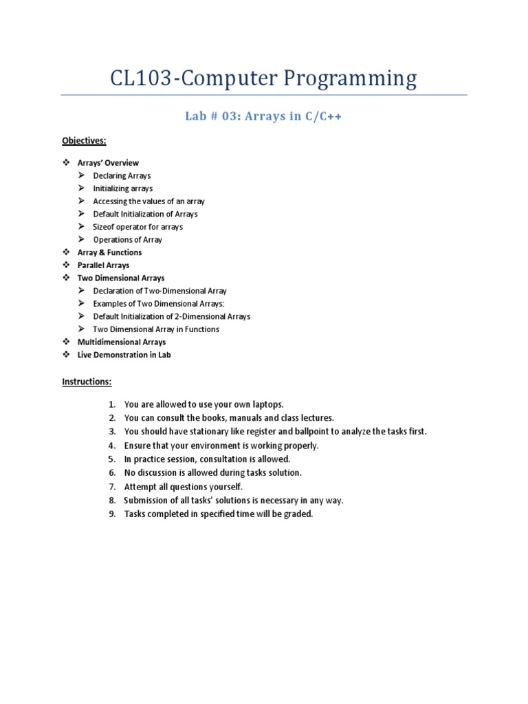 CL103 - Computer Programming - Lab # 03 (Arrays) | Download Free PDF ...