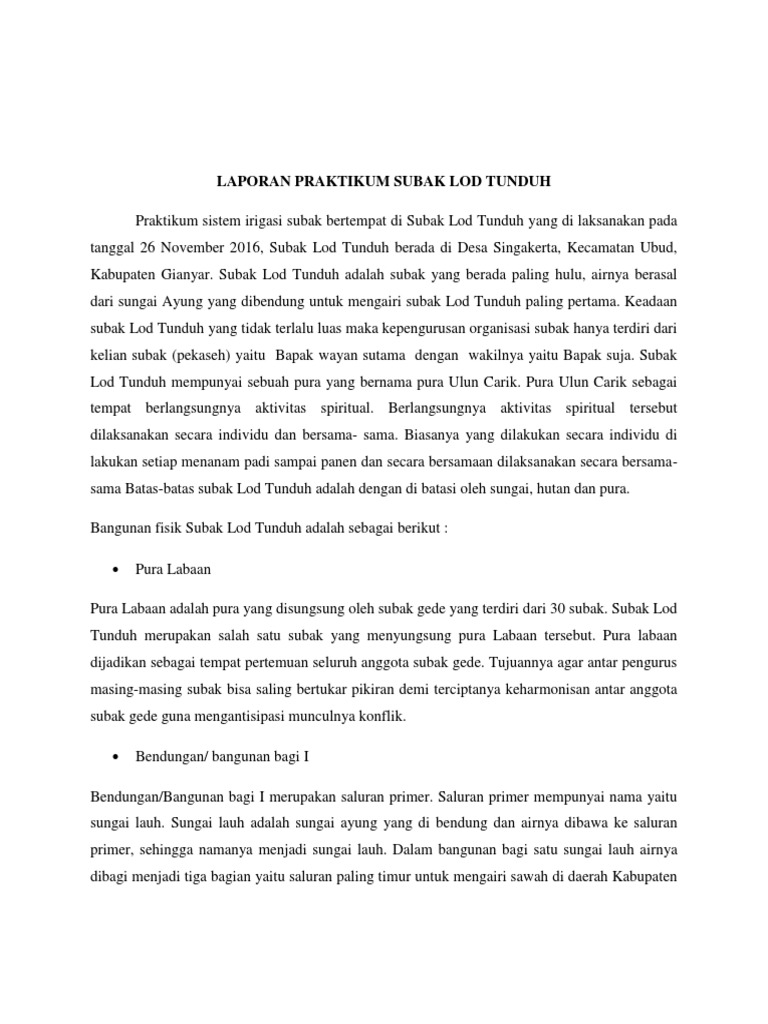 Laporan Praktikum Subak Lod Tunduh | PDF