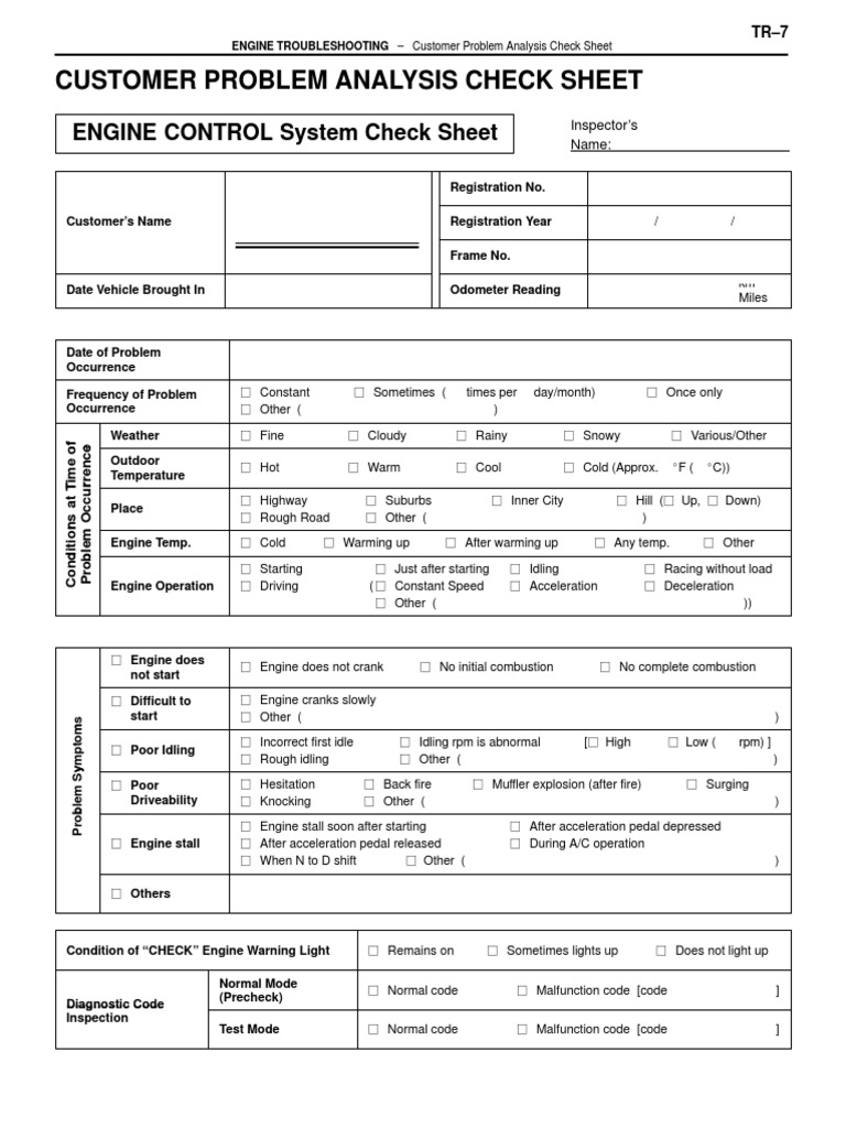 Engine Troubleshooting Document: Customer Problem Analysis Check Sheet ...