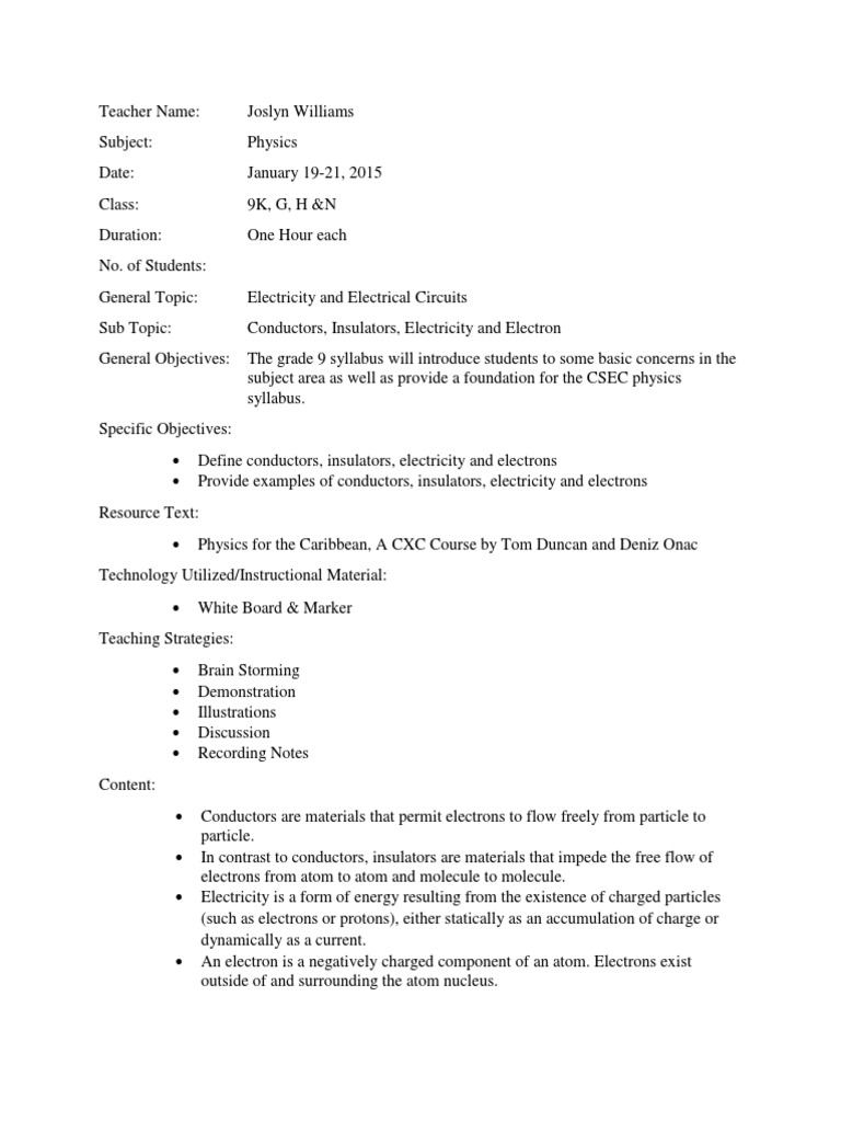 Grade 9 Lesson Plan 01 | PDF | Electron | Electric Charge