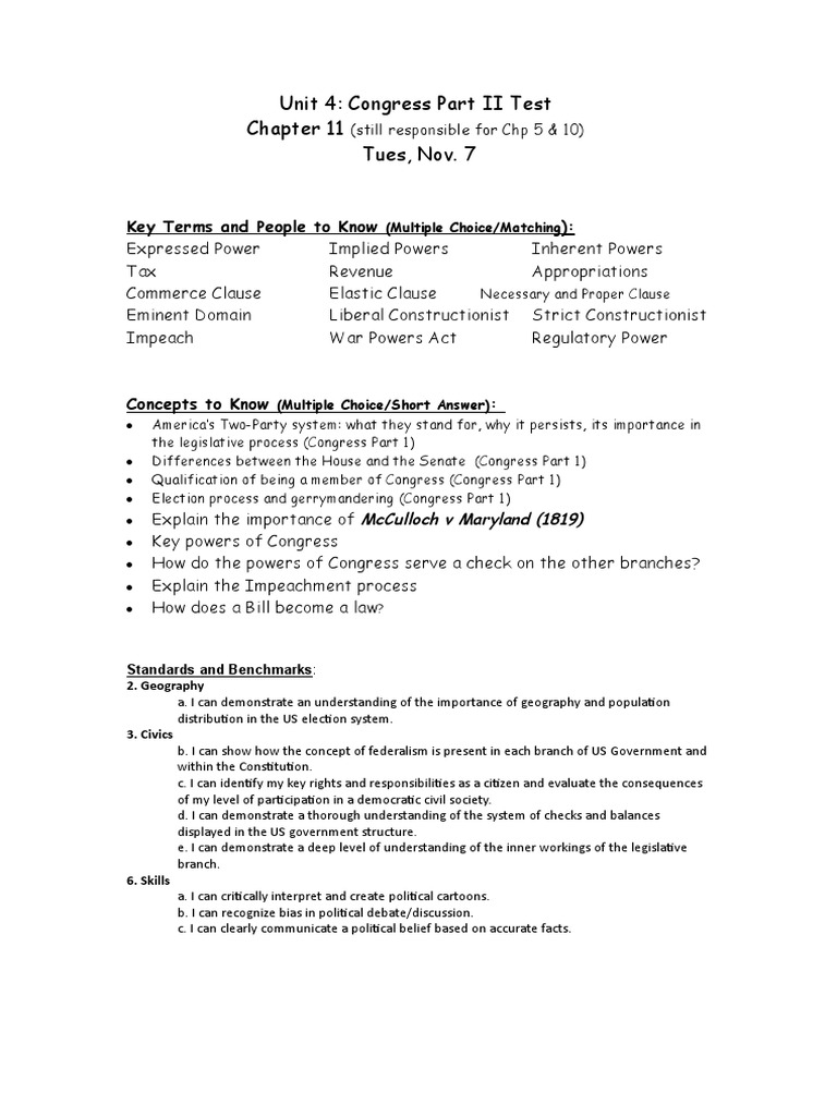 Unit 4: Congress Part II Test Tues, Nov. 7: Key Terms and People To ...